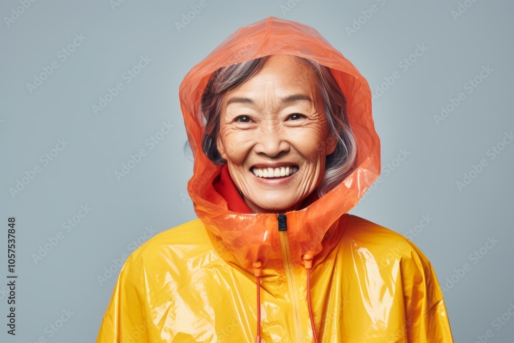 Portrait of a glad asian woman in her 80s sporting a waterproof rain ...