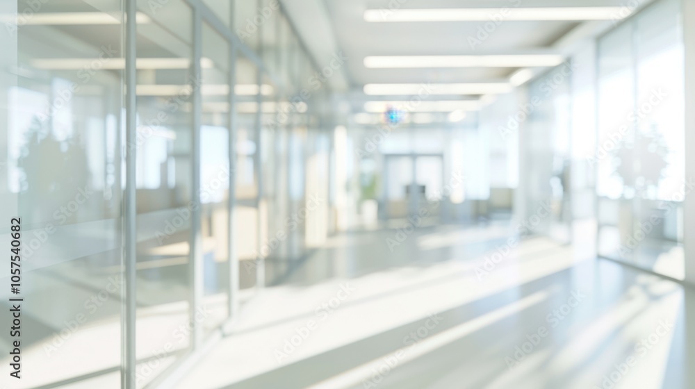 Blurred office interior background. Empty light open space office with ...