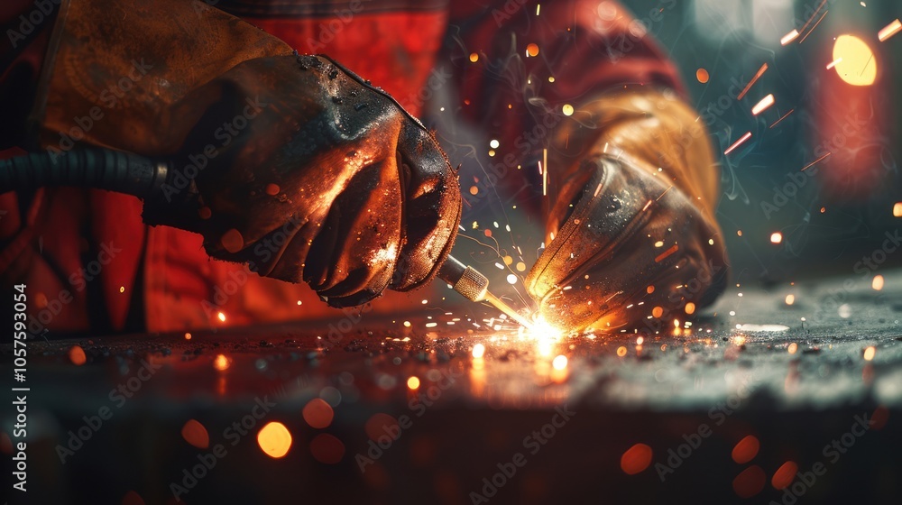 Detail of a foreman's hands wearing gloves holding a welding torch with ...