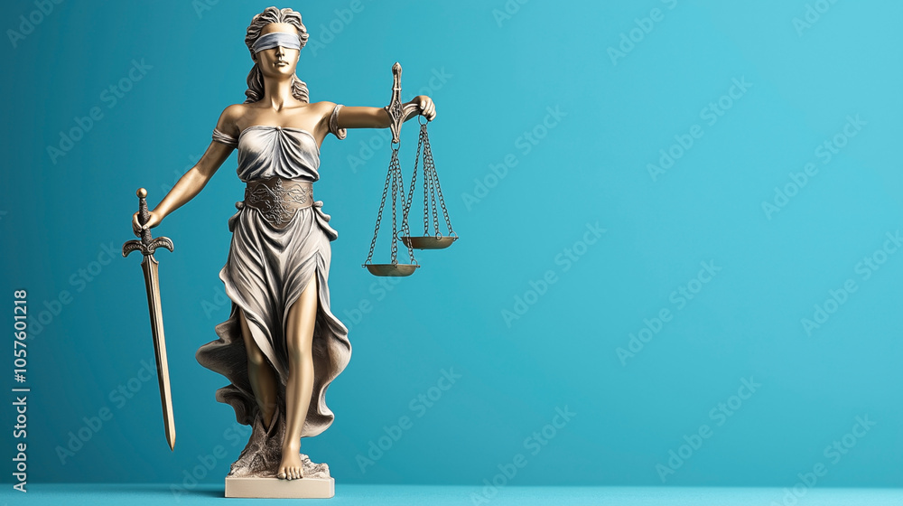 Statue of blindfolded Lady Justice holding scales and sword against a simple blue background ...