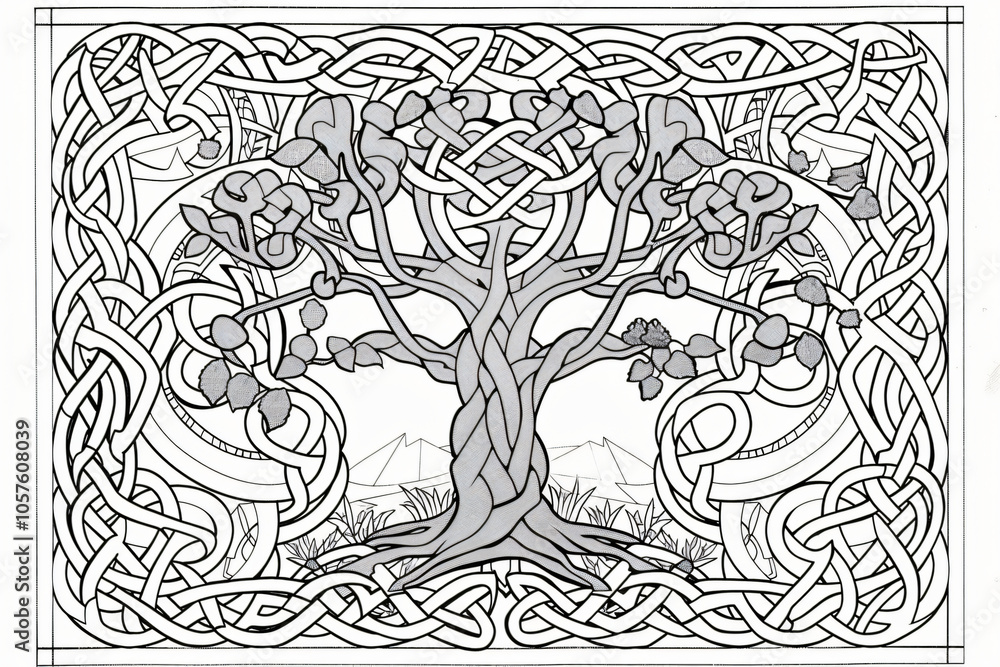 coloring page of Norse Viking knotwork border patterns with Yggdrasil ...