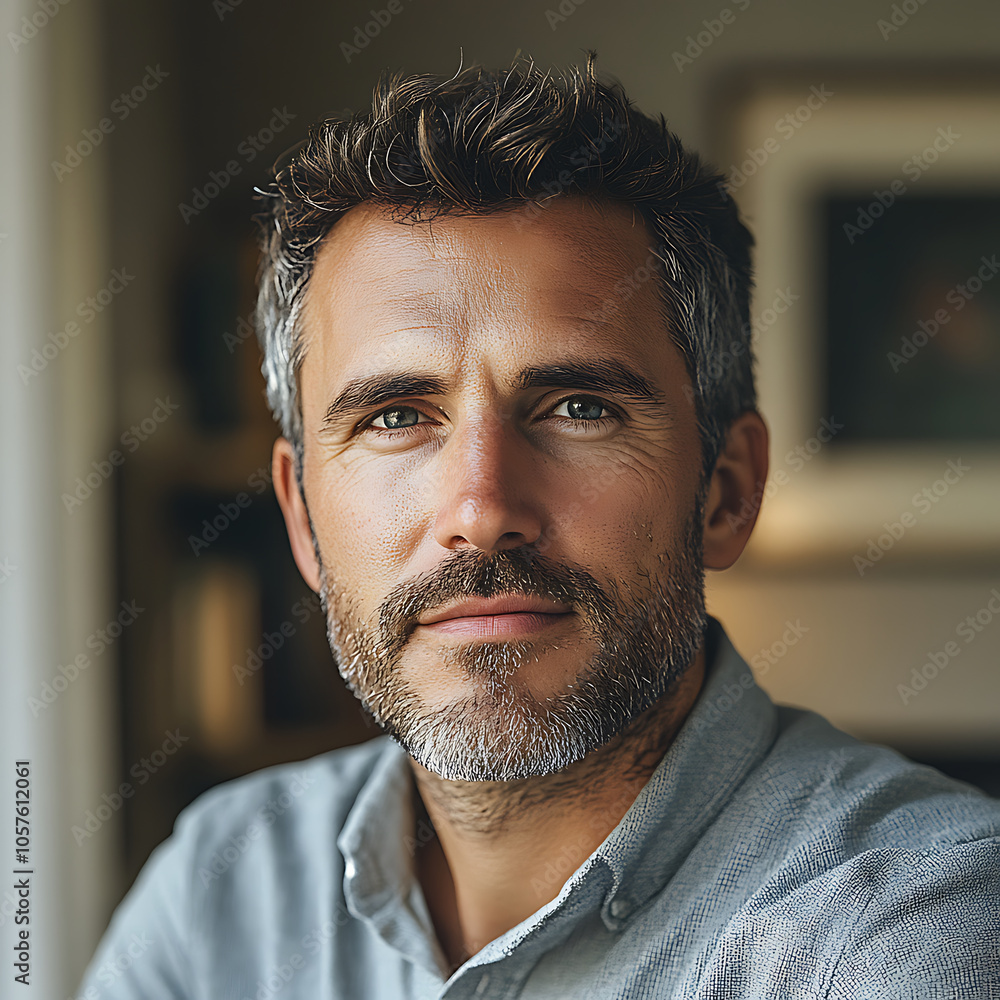 realistic portrait of 40 year old man with thoughtful expression, showcasing his well groomed ...