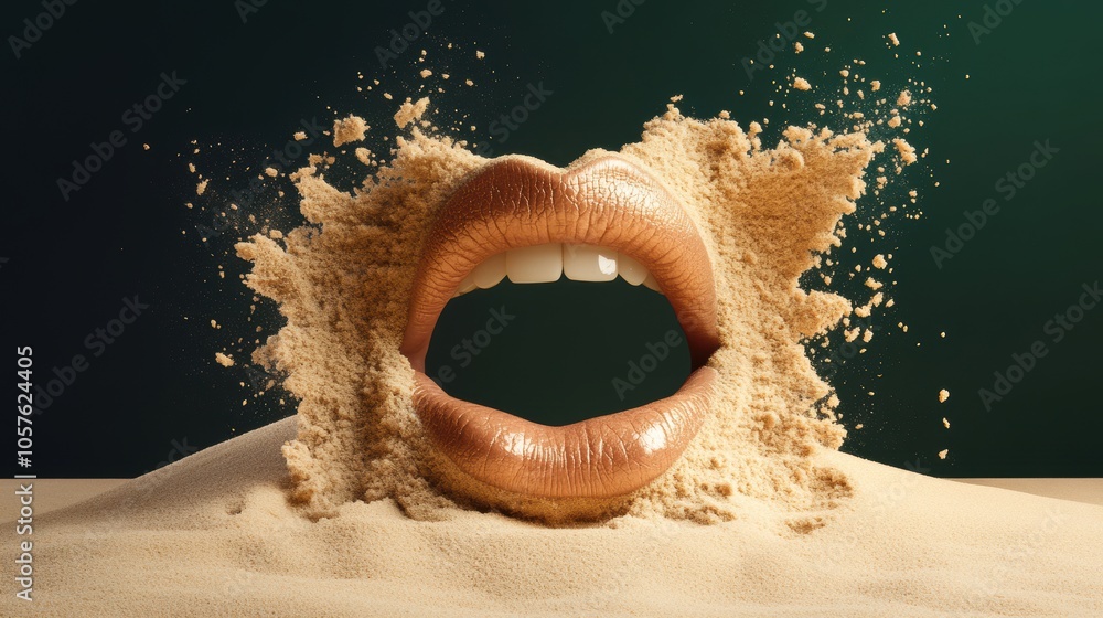 A mouth with lips made of shifting sand, revealing hidden depths of the ...