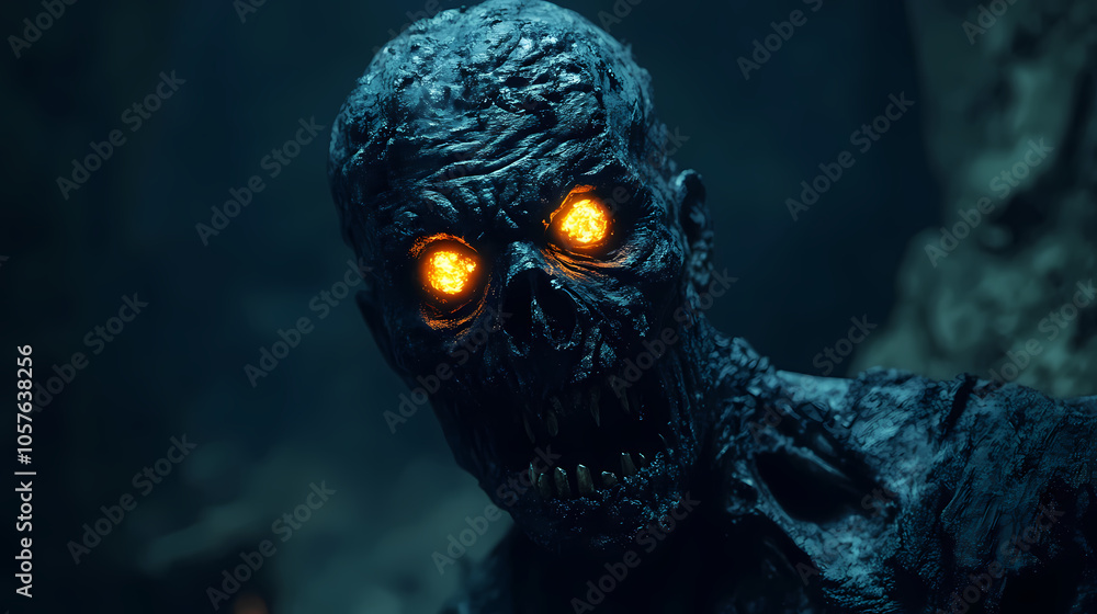 Terrifying mutant zombie with glowing eyes lurking in the dark,an ...