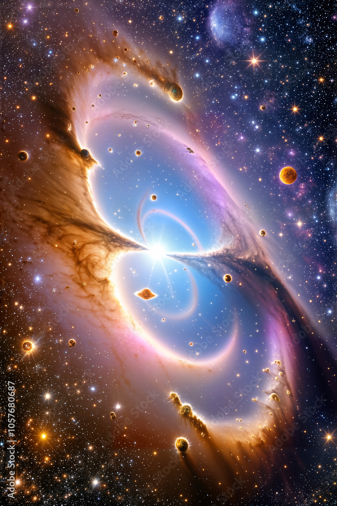 Surreal cosmic landscape with galaxies, nebulae, and planets in a ...