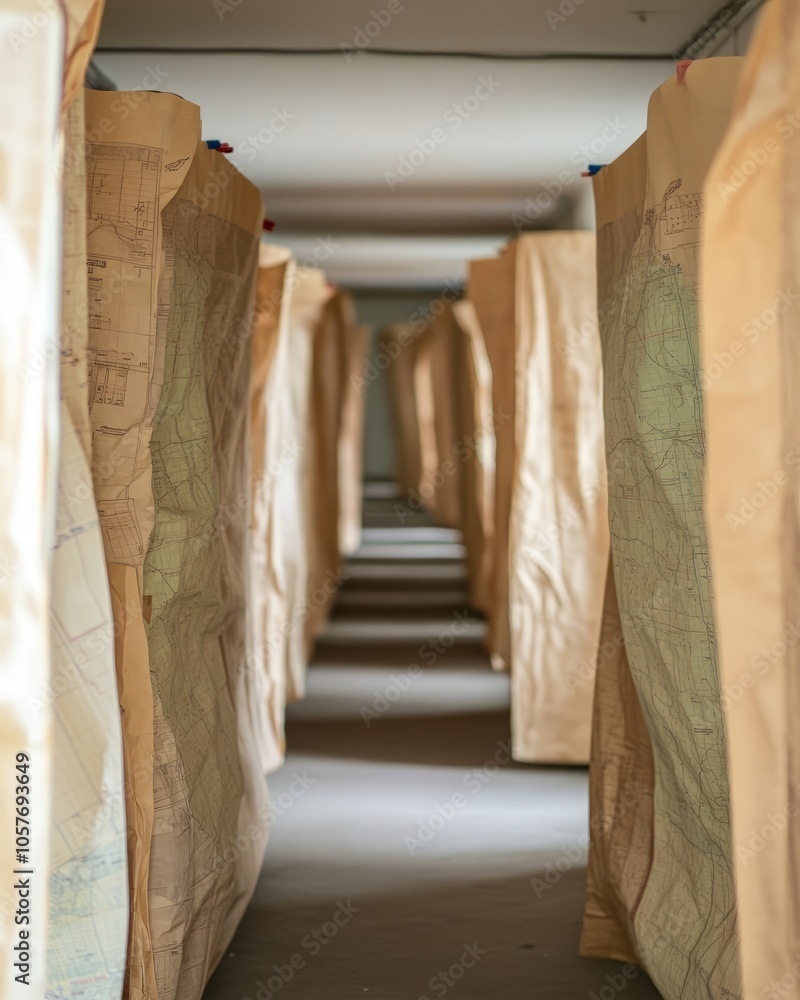 A corridor lined with large paper maps creating a maze-like effect ...