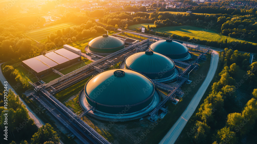 Large biofuel storage tanks, eco-friendly processing plant, modern ...