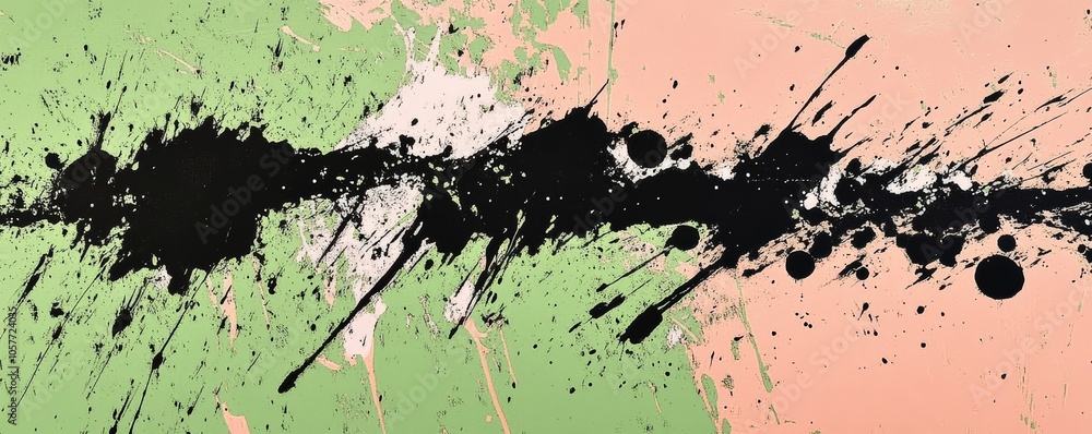 Black ink splatter exploding on pastel green and peach background Stock ...