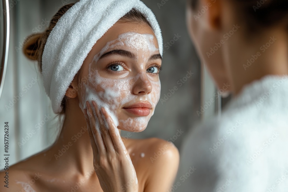 facial skin care routine concept. young woman looking in the mirror ...
