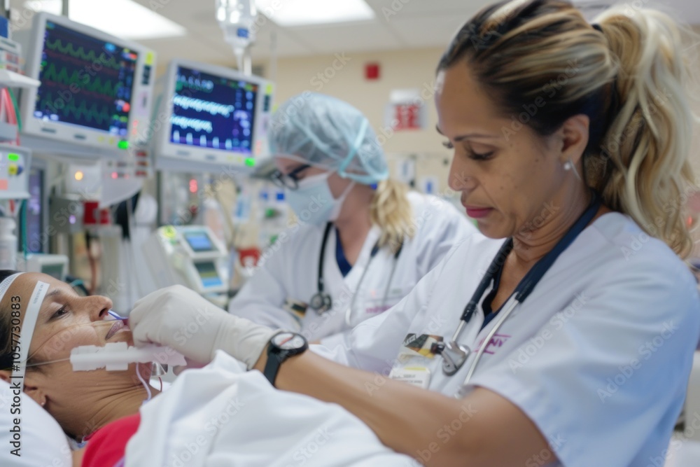 Medical team providing intensive care to a patient in a hospital ICU ...