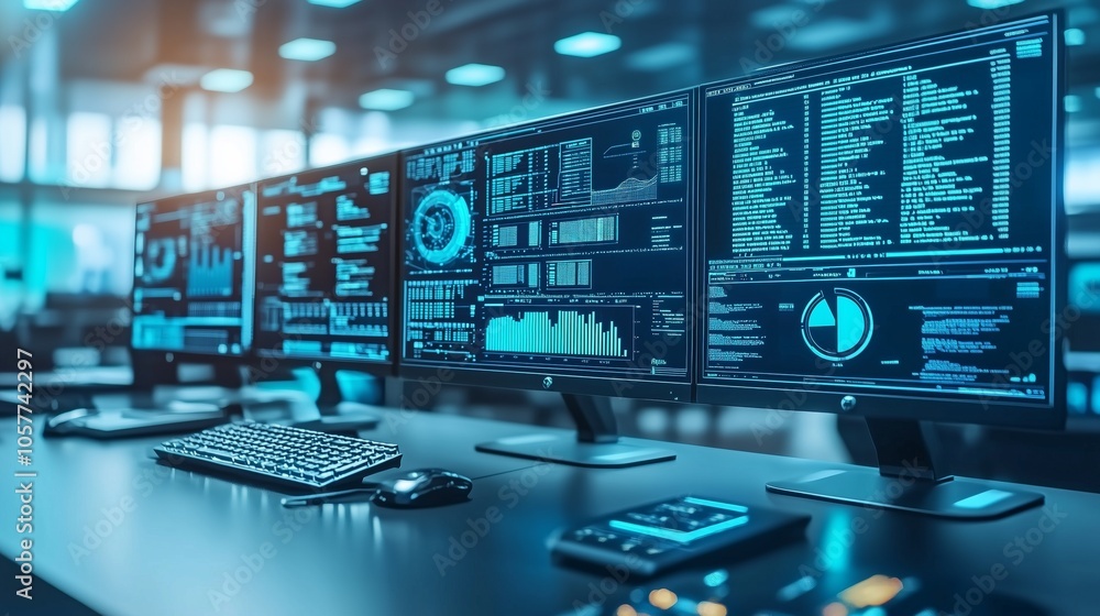 A modern data center with multiple monitors showing real-time analytics and system information ...