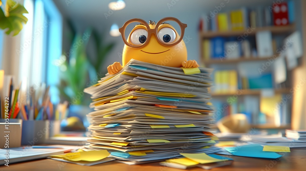 Humorous cartoon of anthropomorphic paperwork stack of fliles on desk ...