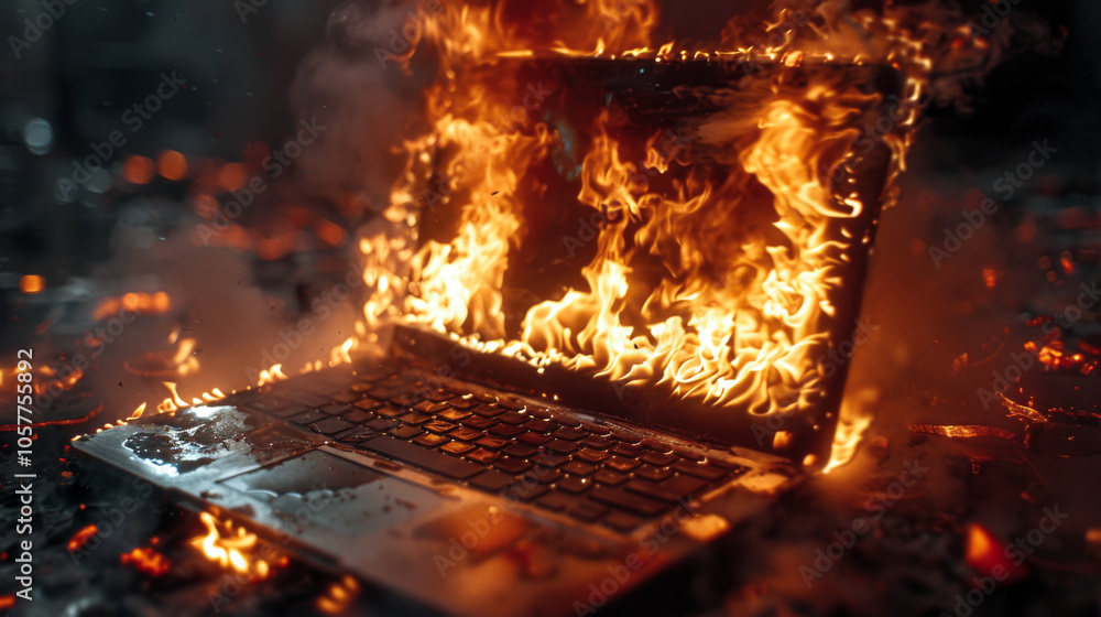 Burning laptop and keyboard, equipment fire due to faulty battery and ...