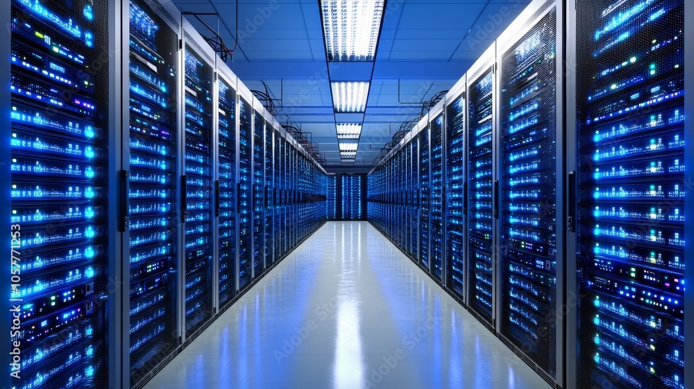 Cloud computing data centers with rows of servers and virtual ...