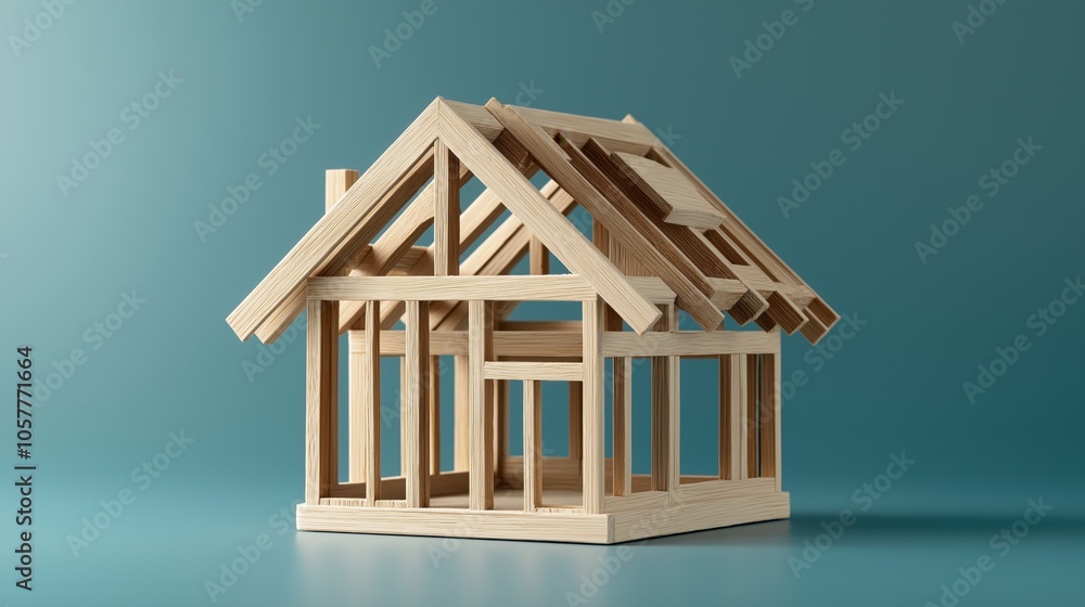 Wooden model of a house frame with visible beams and trusses on a blue ...