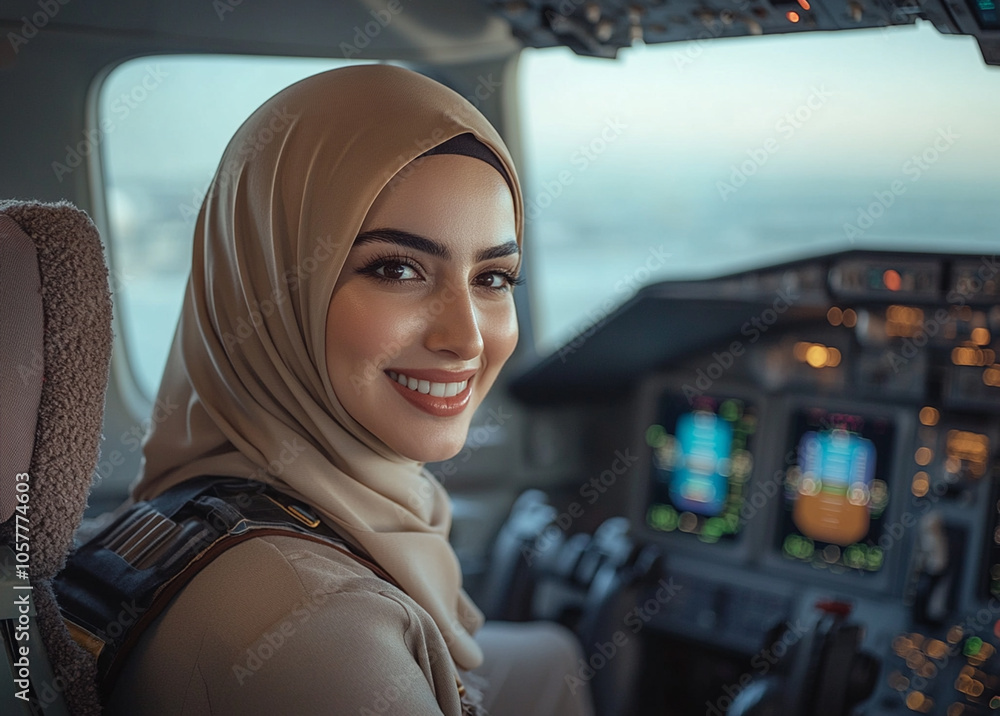 Confident female pilot wearing a hijab smiles in the cockpit ...