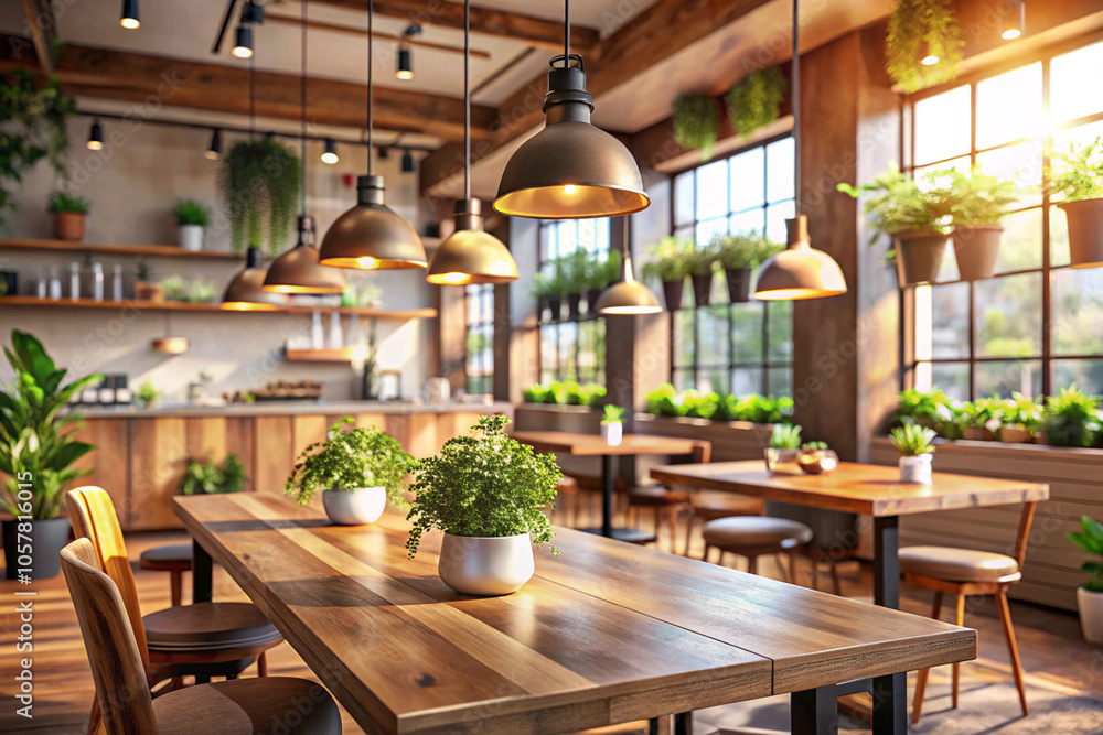 Cozy cafe interior, rustic wooden tables, hanging pendant lights, large ...