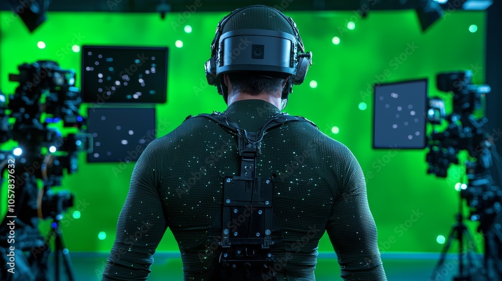 A VFX creator standing in a motion capture studio, with actors in mocap ...