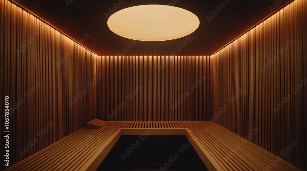 Modern sauna interior with curved wooden benches, vertical slat walls ...