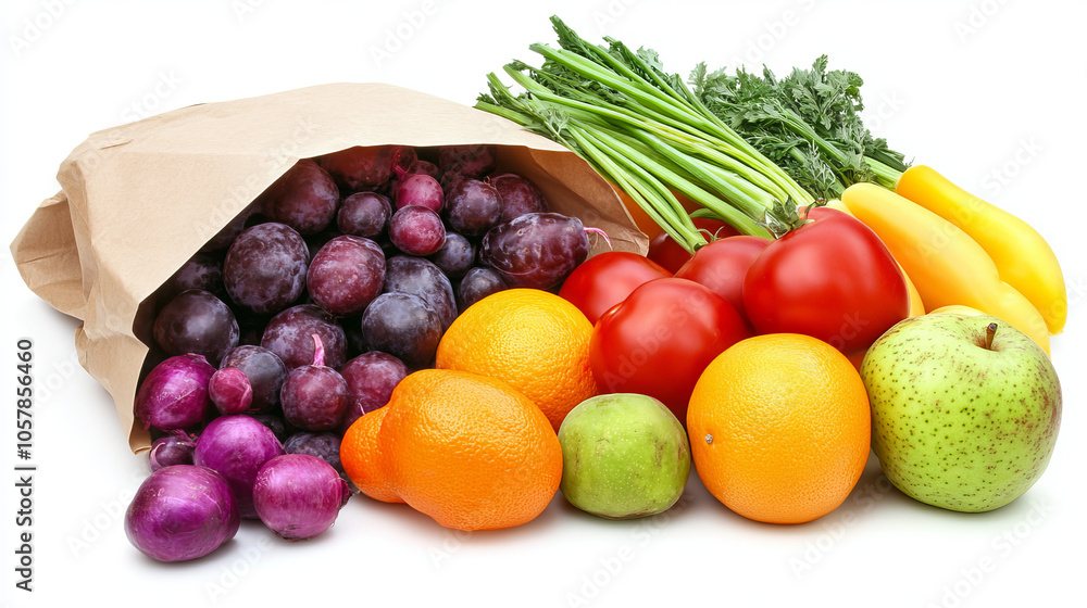 A studio shot of a paper bag filled with fresh fruits and vegetables ...