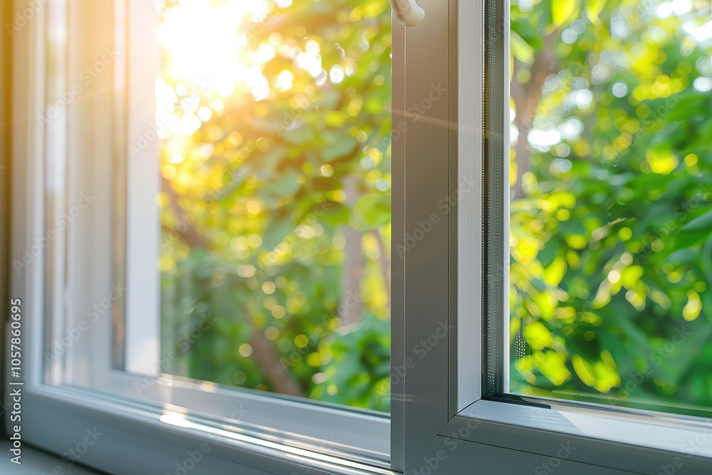 New plastic PVC window with white metal frame installed at modern house ...