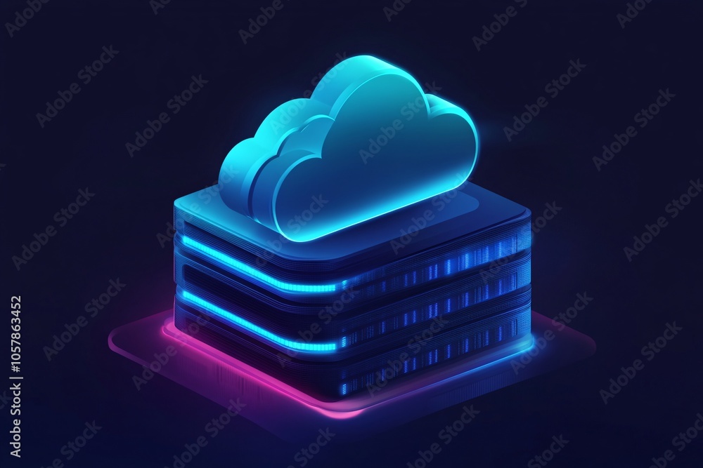 Modern servers with cloud computing concept illuminated by neon lights ...