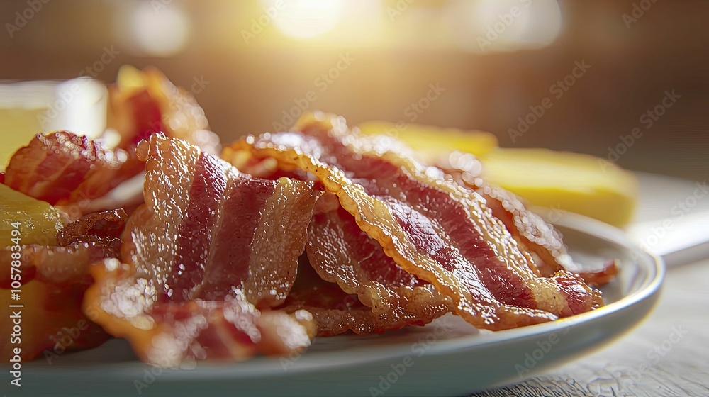 Lab-grown bacon, crispy texture with smoky aroma, breakfast table scene ...