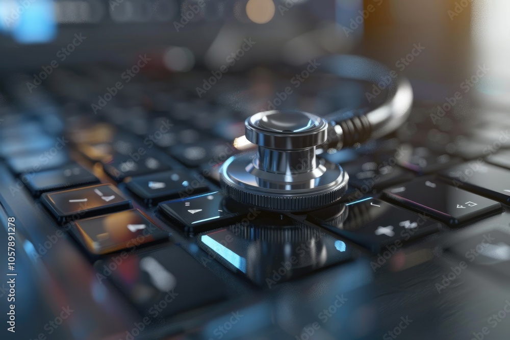 Stethoscope medical on laptop keyboard. computer repair or maintenance ...
