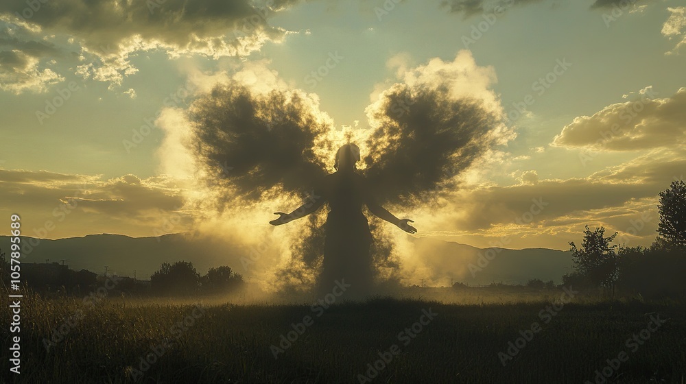 A realistic cloud formation resembling an angel with arms spread wide ...