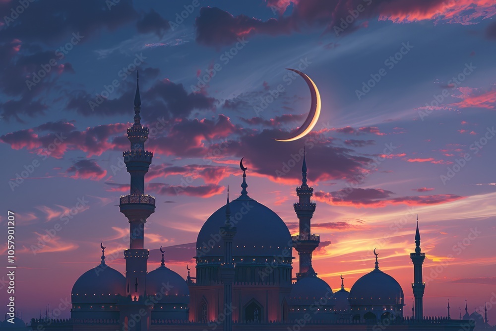 Islamic card with mosques moon and sky for religious celebrations ...