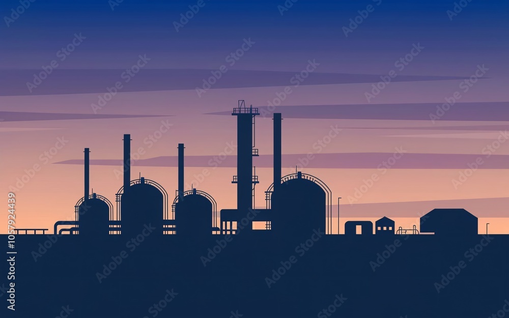 Minimalist line art of an oil refinery plant at dusk, with large ...