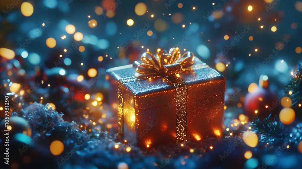 Create an enchanting scene of a beautifully wrapped Christmas gift ...