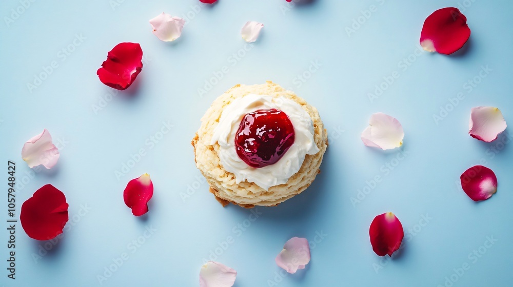 Classic scone with clotted cream and jam, isolated on a light blue ...