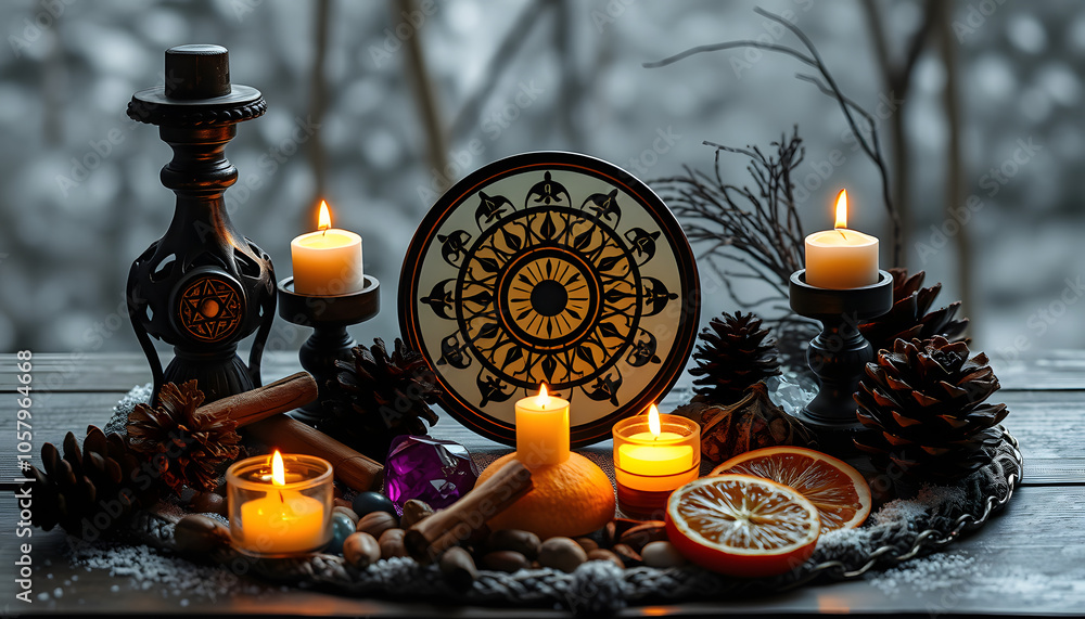 traditional Wiccan altar for Yule sabbath. Sun-moon amulet, wheel of ...