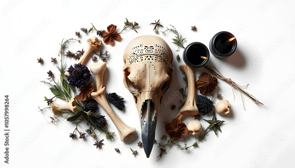 Stock-Illustration „Witchcraft flat lay composition with bird skull ...