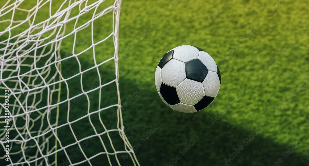 Soccer ball flying into the goal, captured in a close-up, top-down ...
