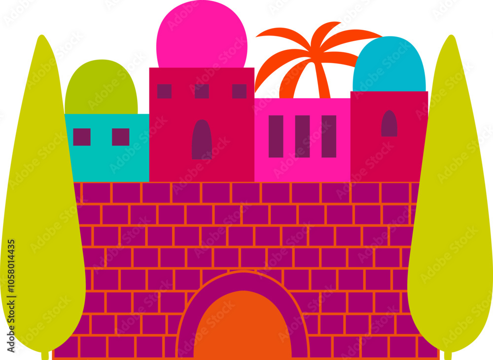 Colorful ancient city scene on transparent background. Children style ...