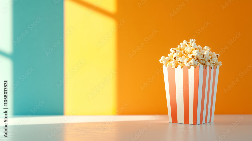 Popcorn in a red and white striped box with colorful shadows on a ...