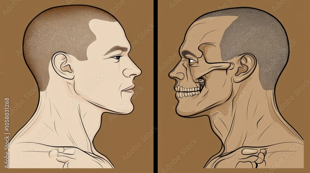 Illustration showing human anatomy with profiles featuring muscular ...