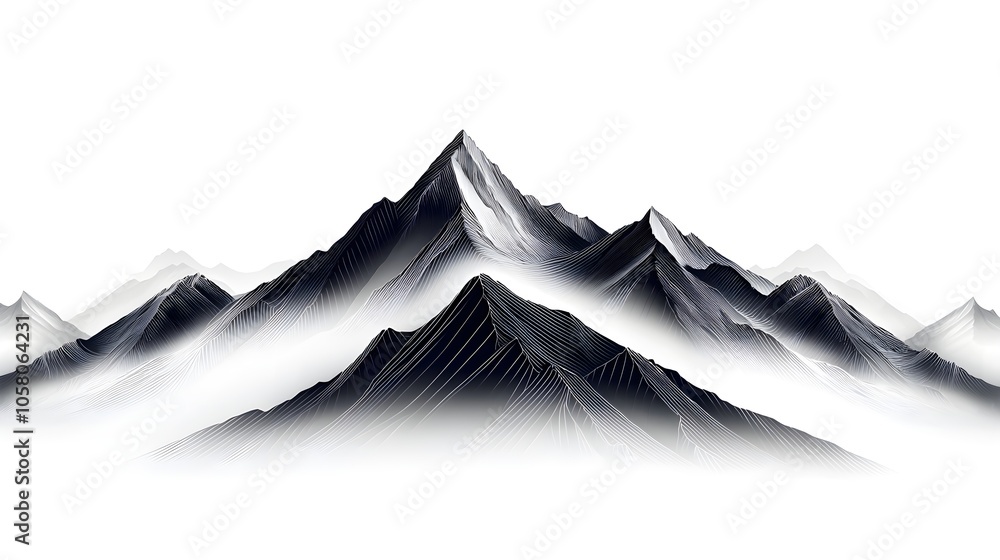 Majestic mountain range with steep cliffs and ridges, black and white ...