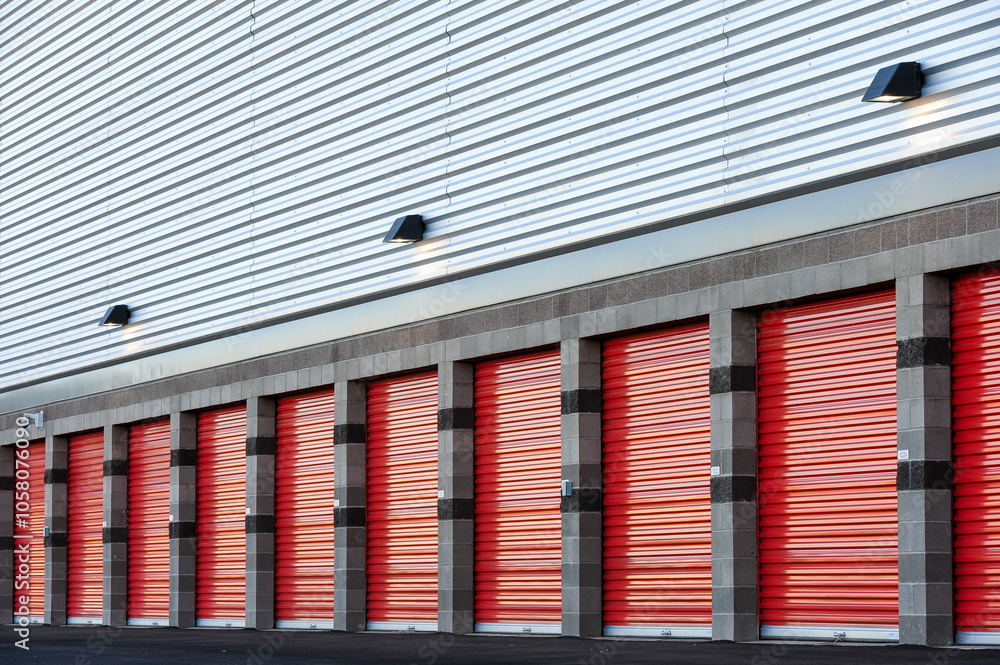 Row of red roll-up doors at self-storage facility with concrete block ...