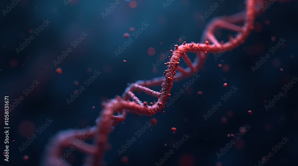 Abstract red structure of DNA molecule on dark blue background. DNA ...