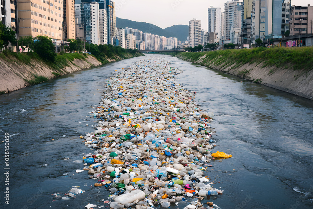 River polluted with floating trash primarily plastic waste flanked by ...