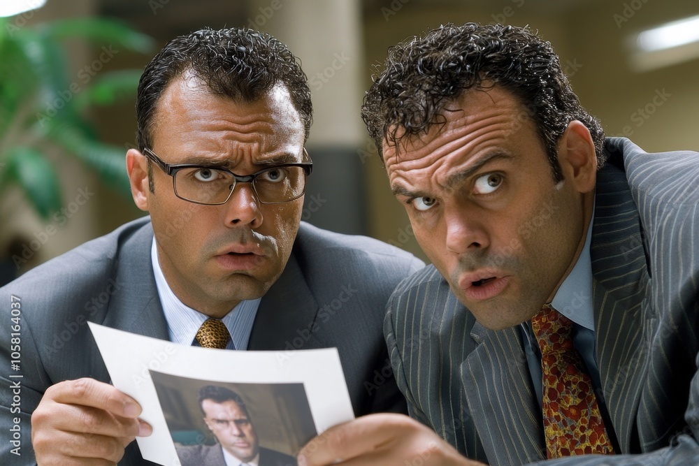 Detective holding a photograph up to a suspect during questioning, with ...