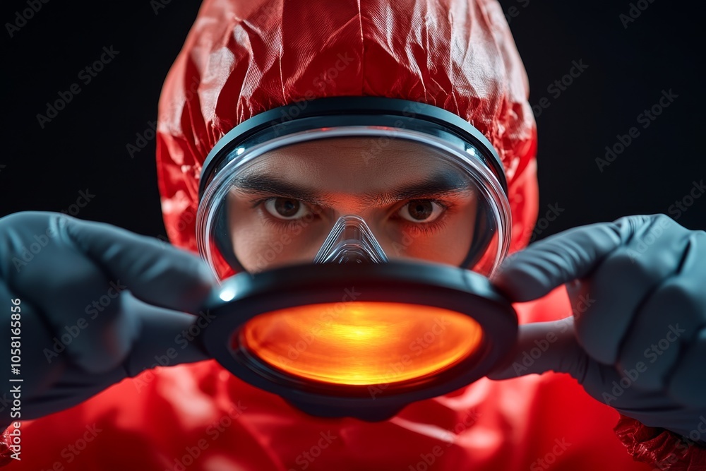 Forensic scientist using a UV light to scan for evidence, with a dark ...