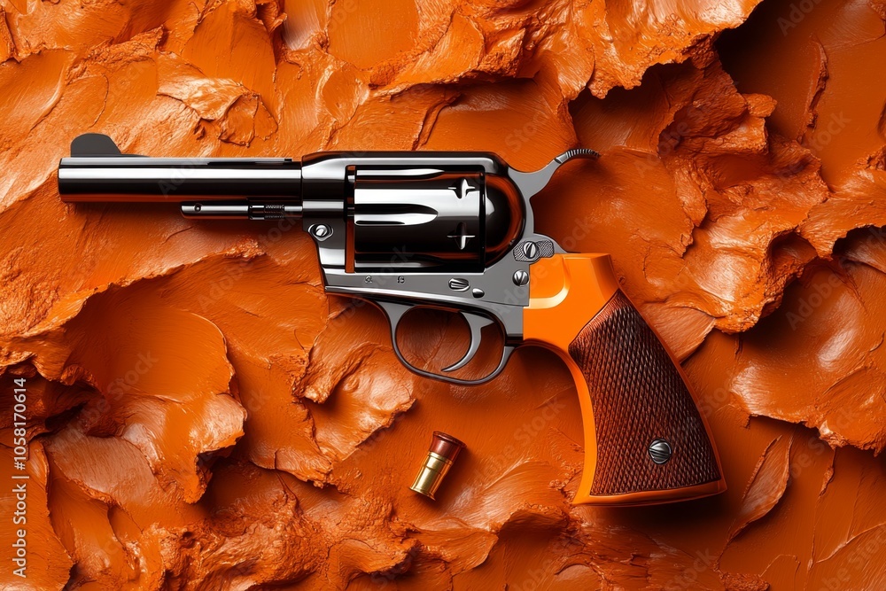 Watercolor illustration of a revolver with muted colors on a textured ...