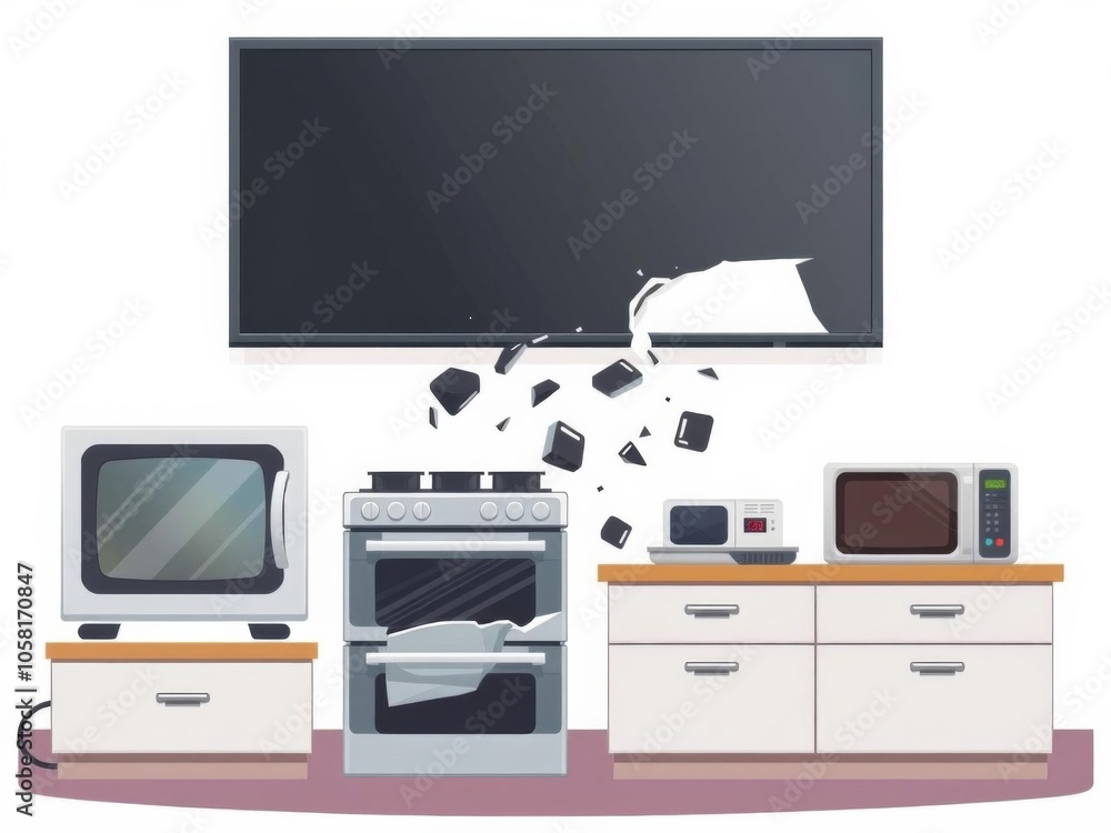 Broken electrical appliances vector illustrations set of damaged equipment microwave toaster ...