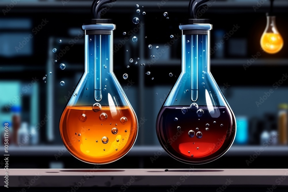 a 2D cartoon illustration of a science lab with beakers and test tubes ...