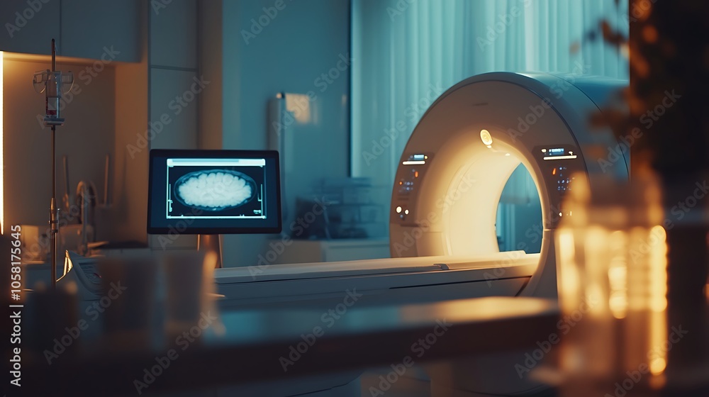A medical imaging room featuring an MRI machine and a monitor ...