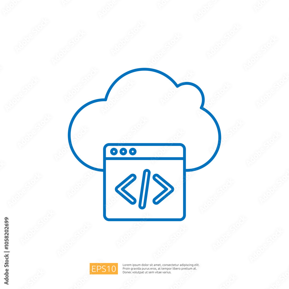This image depicts a cloud symbol with a web browser window featuring code brackets ...